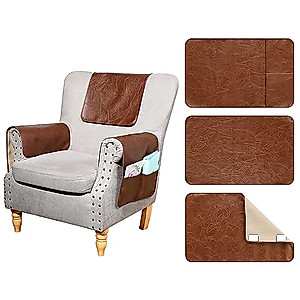 Tradder 3 Pcs PU Leather Recliner Headrest Protector with Arm Covers for Furniture Recliners 22.8 x 14.6 Inch, Arm with Pockets Headrest Cover for Couch Sofa Chairs Furniture(Brown)