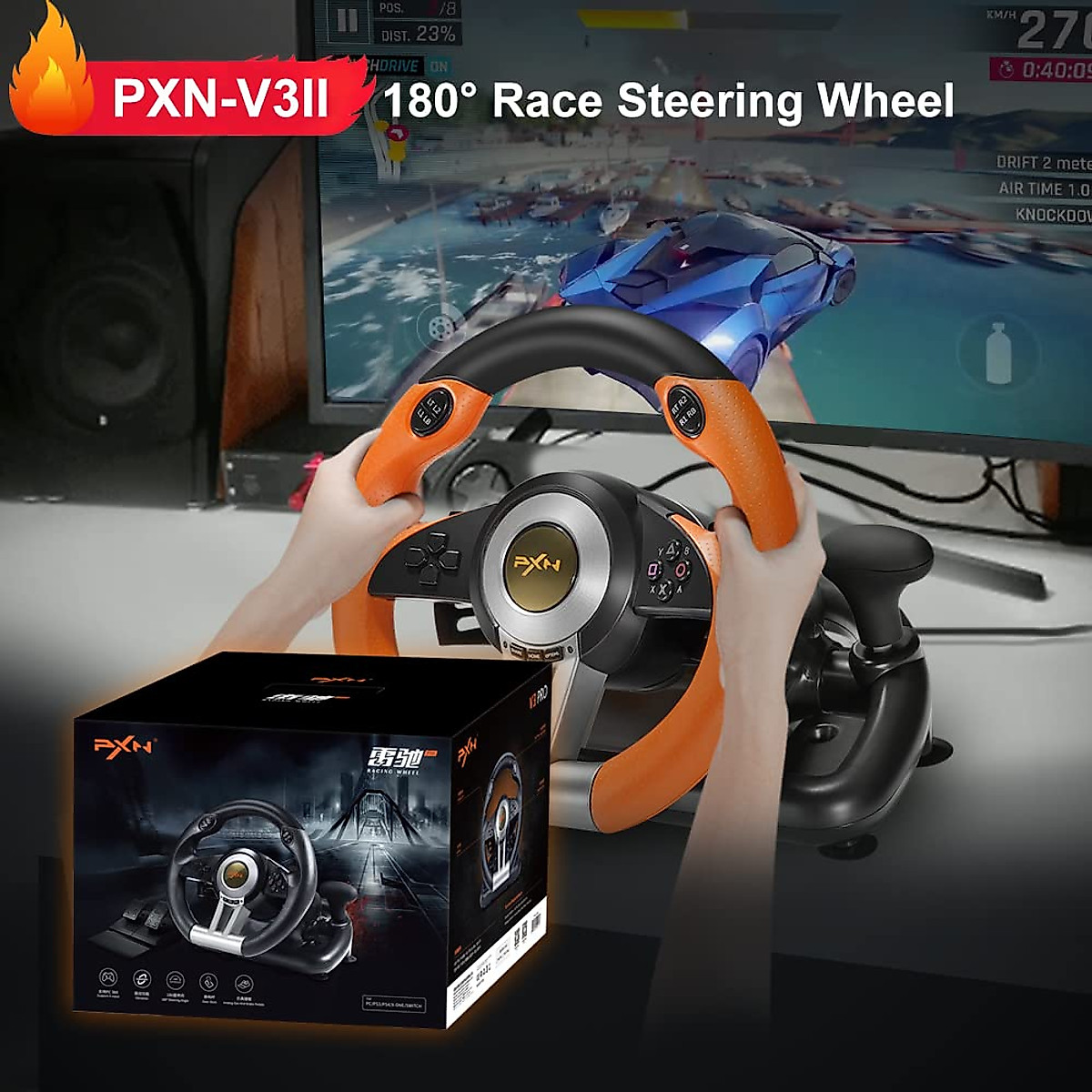 PXN PC Racing Wheel, V3II 180 Degree Universal USB Car Sim Game Steering Wheel with Pedals for Xbox One, Xbox Series S/X, PS3, PS4, Switch