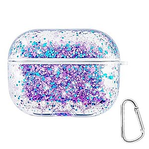 uCOLOR Purple Blue Glitter Waterfall Case for AirPods Pro 2019 360 Full Protective Shockproof Portable Cover with Key Chain for Earphone AirPods Pro Charging Case