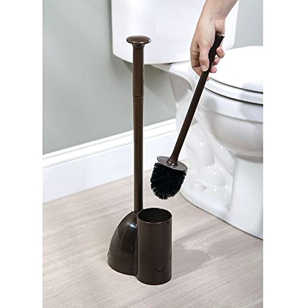mDesign Compact Freestanding 2-in-1 Plastic Toilet Bowl Brush/Plunger/Trash Wastebasket Garbage Can Combo, Home Bathroom Storage, Sturdy Cleaning Accessories, Aura Collection, Set of 2, Dark Brown