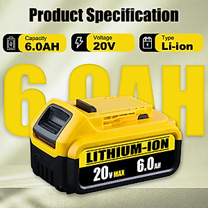 2Pack DCB200 20V 6.0Ah and Charger Replacement for Dewalt 20V Battery Compatible with Dewalt 20V MAX Battery DCB204 DCB203 DCB200-2 DCB201 DCB180 DCD985B DCD/DCF/DCG Series