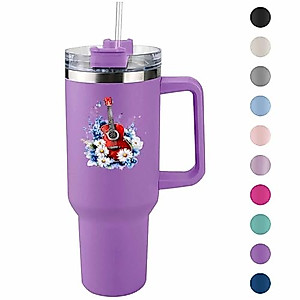 LB LEOBON 40 ounce insulated cup with handle, double-layer vacuum stainless steel material, equipped with straw, can keep warm or maintain cold drinks Daisy Guitar Deep purple