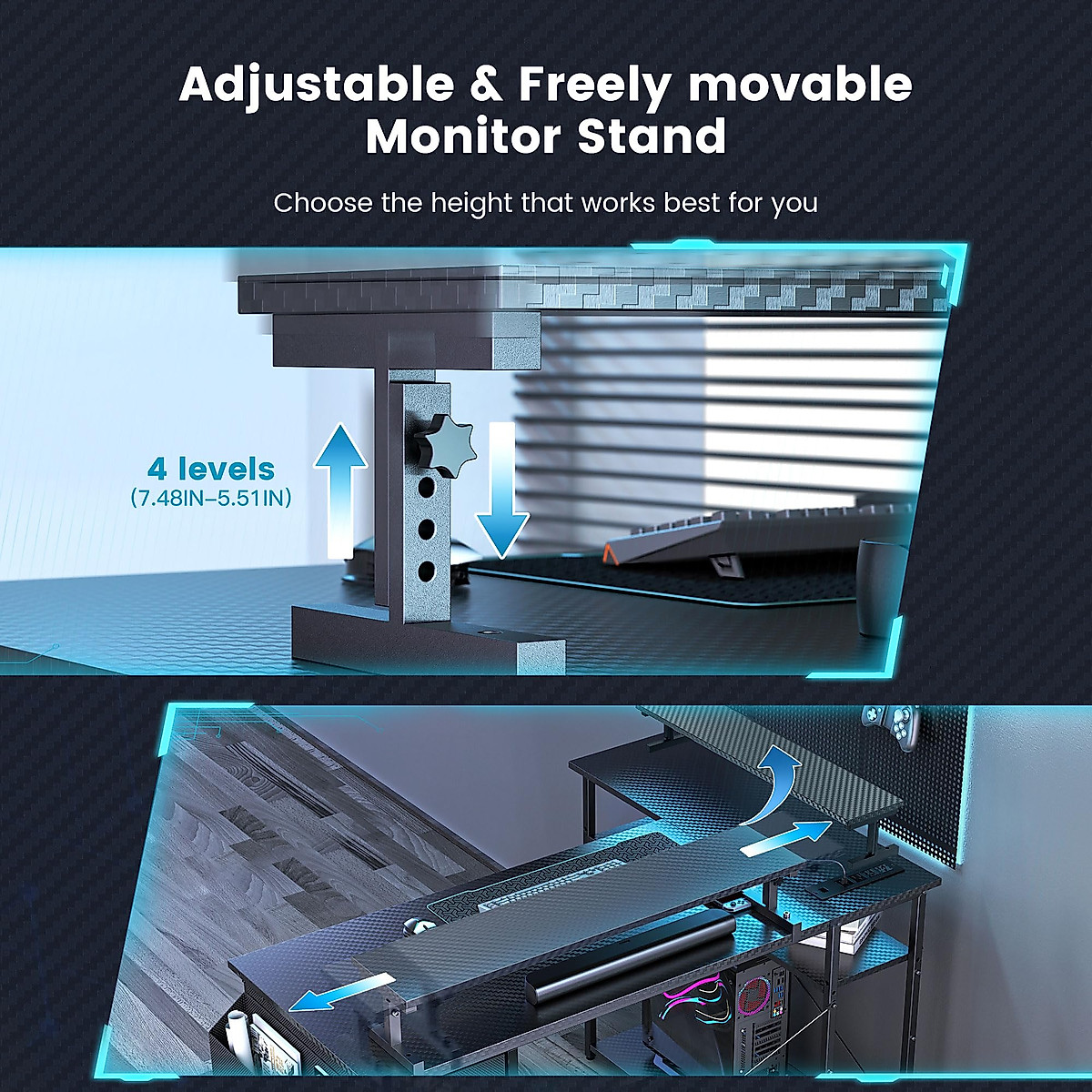 DOMICON L Shaped Gaming Desk, 55 Inch Computer Desk with Adjustable Stand & RGB Lights, Corner Desk for Power Outlet, Carbon Fiber Texture, Gaming Room