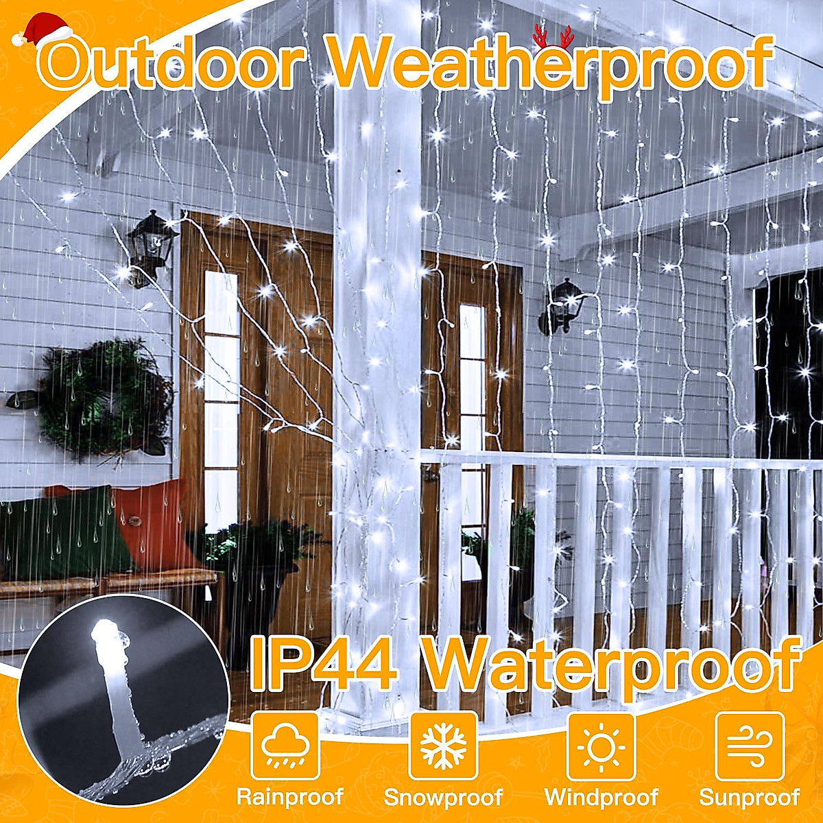 Ollny 300 LED 9.8ftx9.8ft Outdoor Waterproof Christmas Curtain Lights with Remote Timer 8 Modes, USB Powered, Cool White