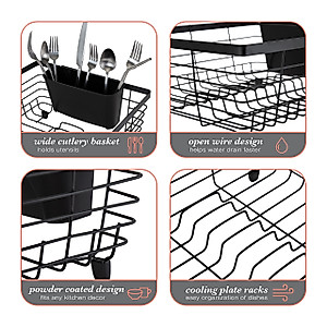 Kitchen Details Flat Wire Countertop or Over The Sink Dish Drying Rack with Cutlery Basket, Black