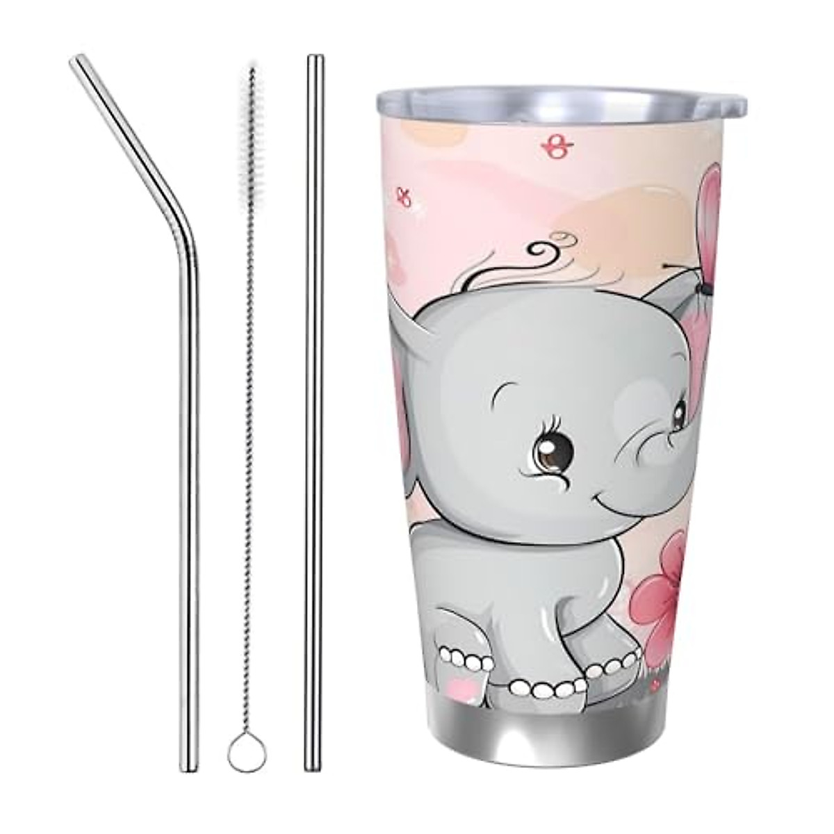 AYCZN Cute Elephant Butterfly 20 OZ Tumbler Stainless Steel Travel Coffee Mug, Cartoon Flower Insulated Water Bottle with Lid and Straws Leakproof Thermal Cup