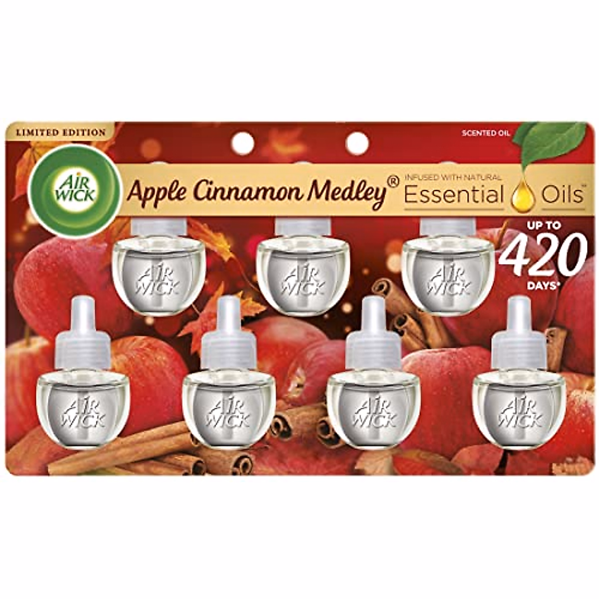 Air Wick Plug in Scented Oil Refill, 7ct, Apple Cinnamon Medley, Fall Scent, Essential Oils, Air Freshener