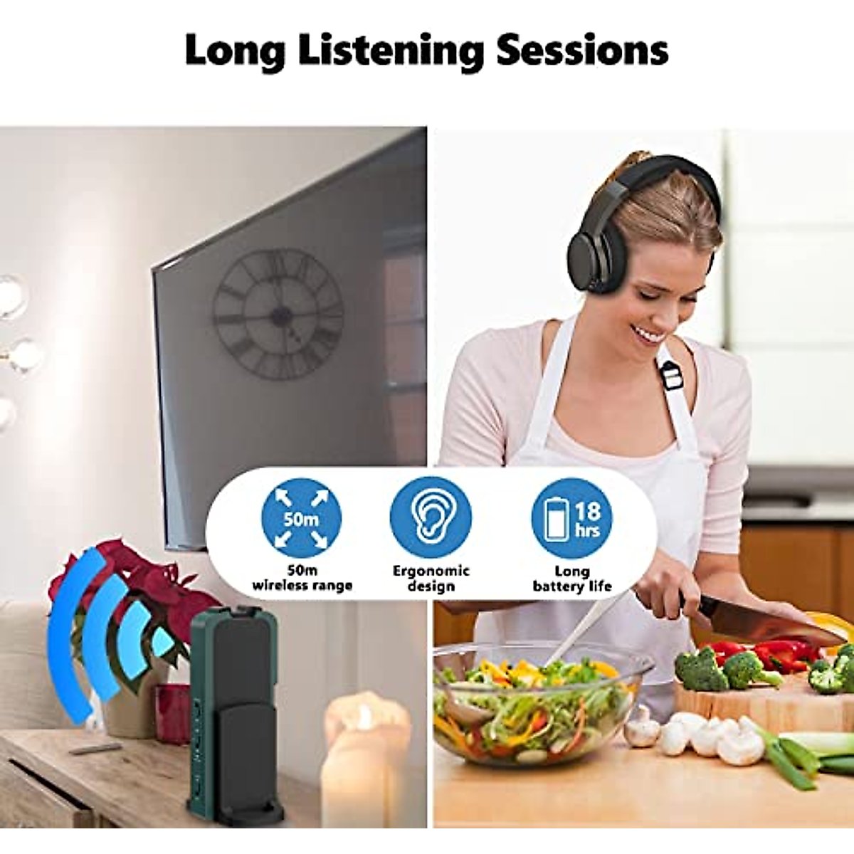 Caymuller Wireless Headphones for TV Watching with 2.4G Digital RF Transmitter Charging Dock Hi-Fi Soft Over-Ear Headset Ideal for Seniors or own Zone, Easy Plug and Play 160ft Range No Audio Delay