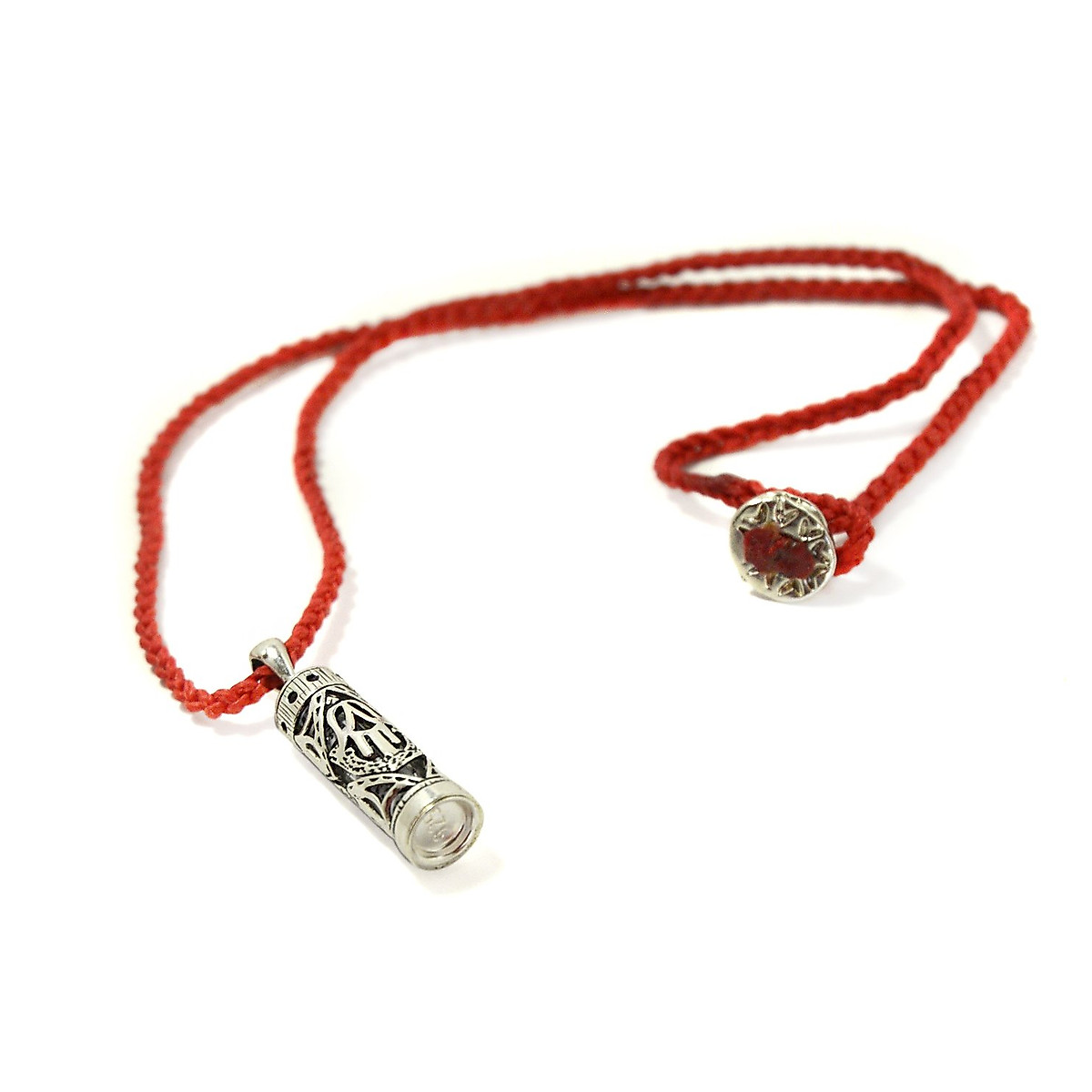 MIZZE Made for Luck Women's Traveler's Prayer in Sterling Silver Mezuzah Prayer Box on Red Knitted Necklace