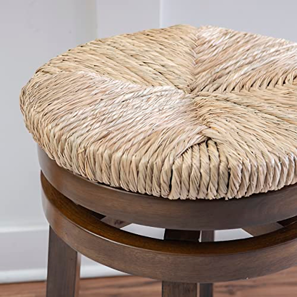 Powell Maya Walnut Backless Counter Stool with Woven Seagrass Swivel Seat