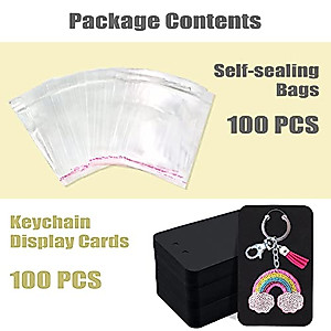 ZYNERY 100 PCS Keychain Display Cards, 3 x 4.7 Inch Keychain Holder with Self-Sealing Bags, Card Display Rack for Displaying Keyring Jewelry Bulk Keychains Packaging Supplies (Black)