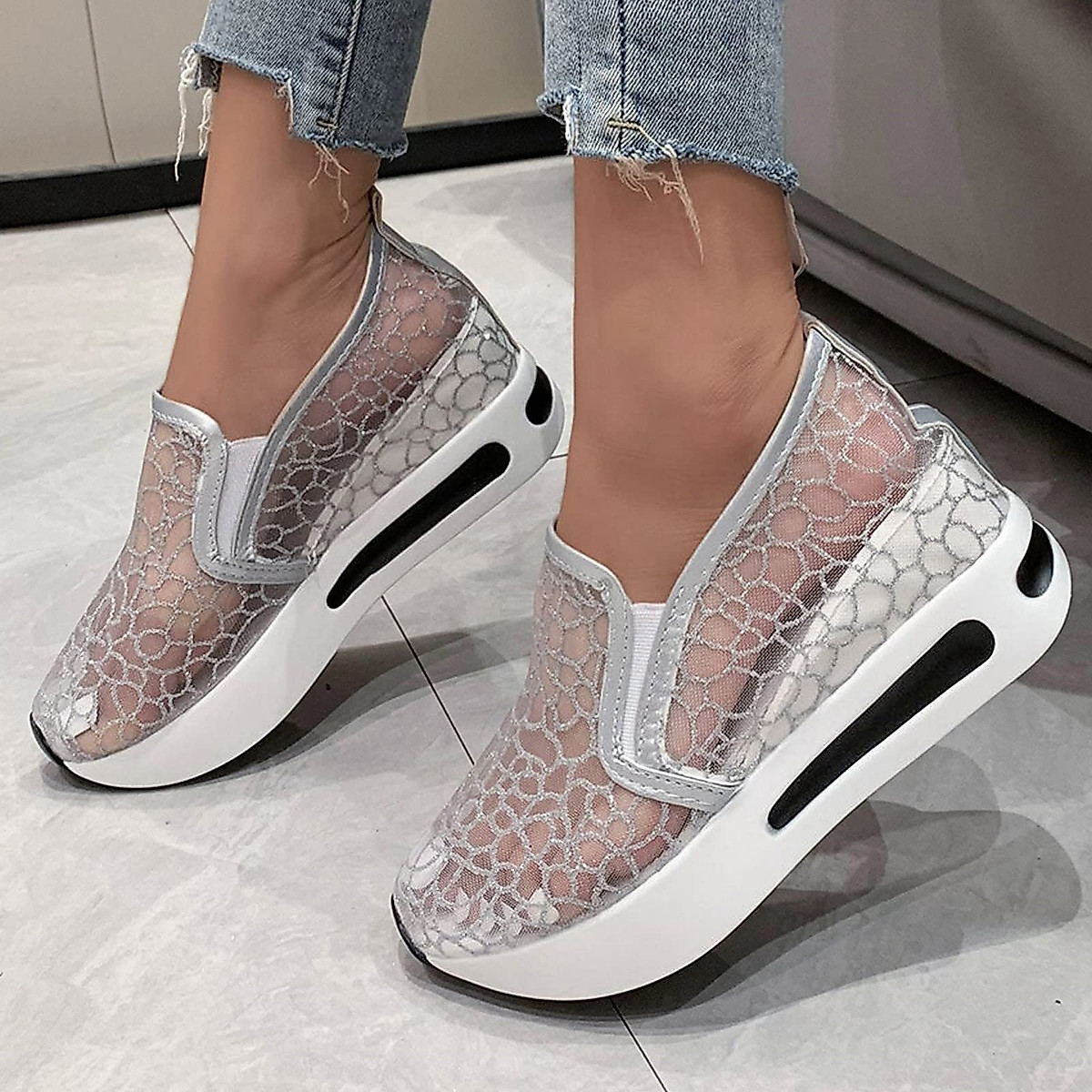Hbeylia High Heeld Wedge Sneakers for Women Fashion Embroidery Floral Mesh Air Comfort Hidden Chunky Sole Slip On Loafers Breathable Walking Work Shoes with Arch Support for Casual and Daily Wear