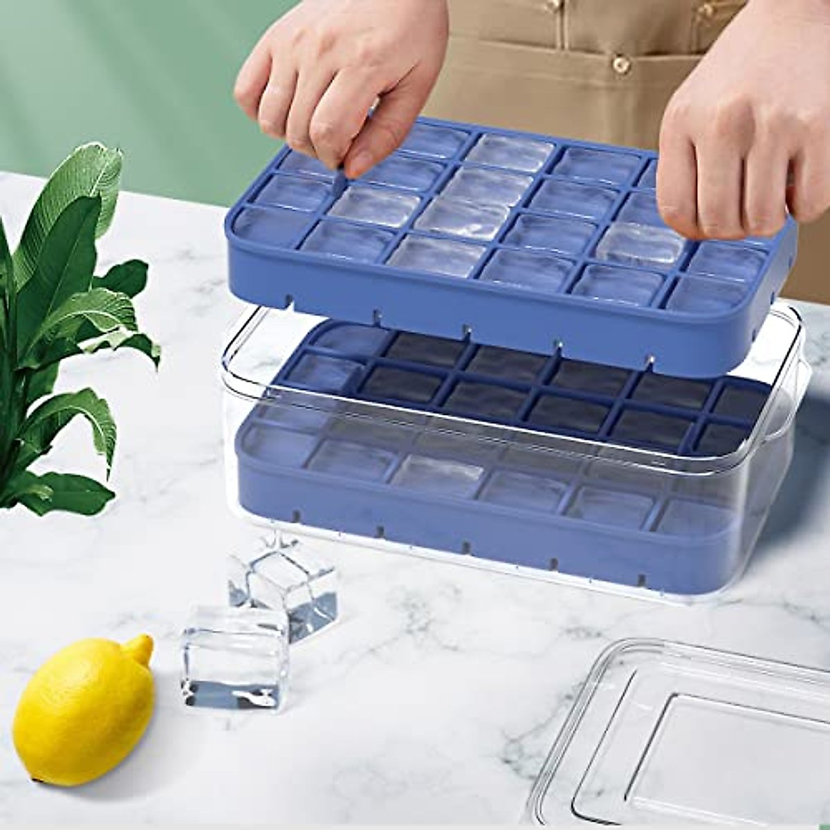 Ice Cube Tray with Lid and Bin, ROTTAY Ice Trays for Freezer, Easy-release 48 Small Nugget Silicone Ice maker with Ice Bucket, Ice Cube Storage Container Set for Chilled Drink and Smoothie, Blue