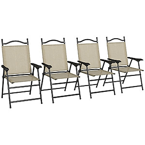 Outsunny Folding Patio Chairs, Set of 4 Sports Chairs for Adults, Camping Chairs with Armrests, Breathable Mesh Fabric Seat for Lawn, Beige