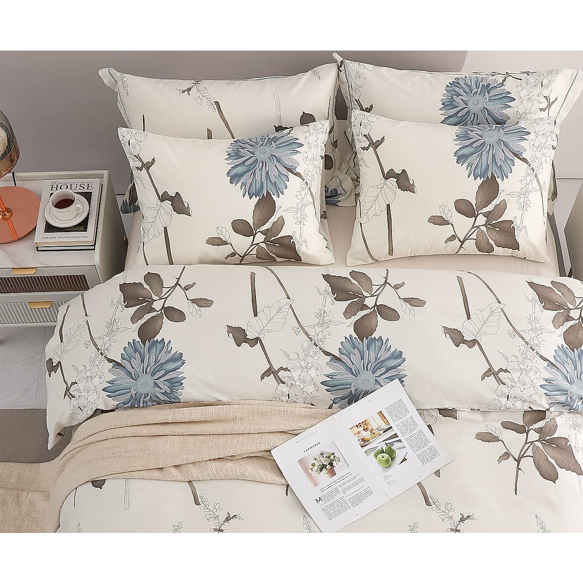 SLEEPBELLA Duvet Cover Queen Size, 600 Thread Count Cotton Botanical Flowers Pattern Printed Reversible Comforter Cover