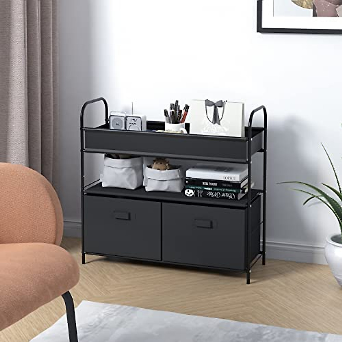 Sywhitta 3-Tier Closet Storage Organizer, Shelves with 2 Foldable Cubes, Multi-Functional Metal Rack, Black