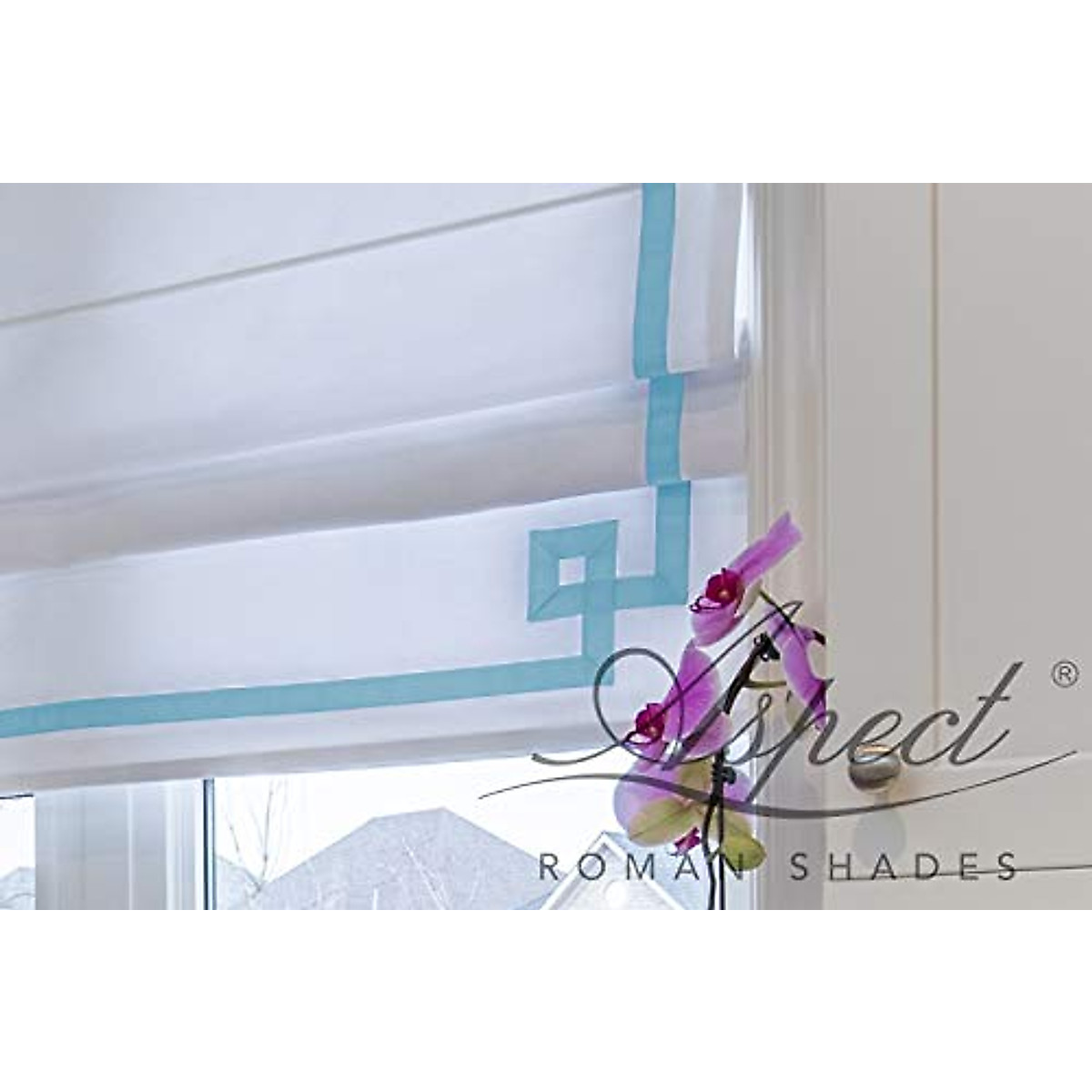 LOGANOVA Custom Flat Roman Shade with white background and baby blue Greek key border. Premium lining and chain mechanism.