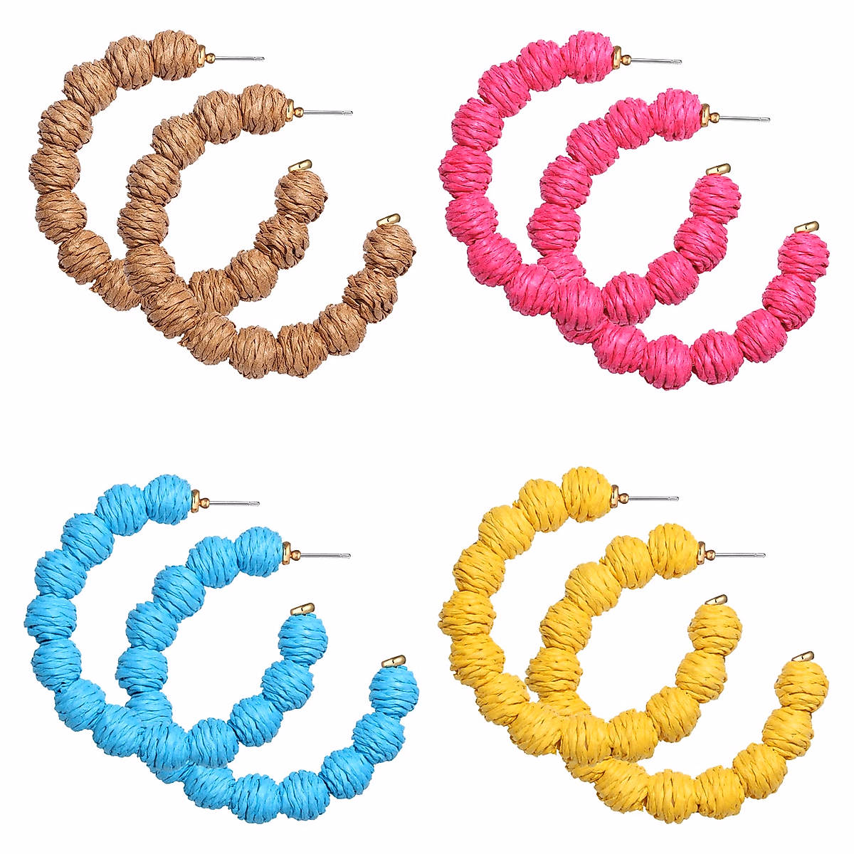 BSJELL 4 Pairs Rattan Earrings Hand Woven Geometric Statement Hoop Straw Wicker Braid Earrings Summer Beach Bohemian Drop Dangle Earrings for Women (A:Rattan Ball Hoop)