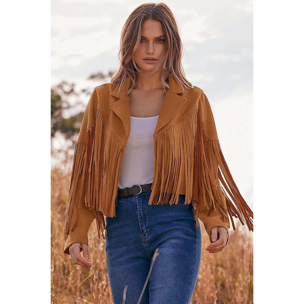PRETTYGARDEN Women's Fringe Faux Suede Leather Jackets 2024 Fashion Tassel Motorcycle Cropped Coats (Brown Yellow,Large)