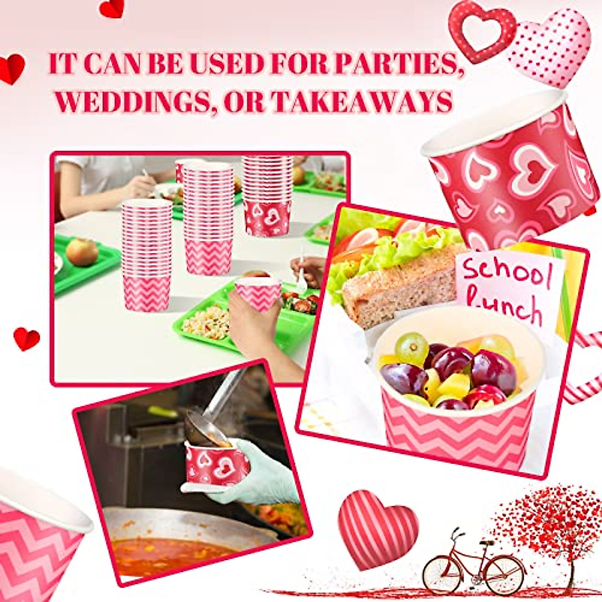 200 Pcs Ice Cream Cups Red Treat Snack Cups Mother's Day Heart Shaped Bowls 9 oz Disposable Paper Cup Red Pink Dessert Ice Cream Bowls for Valentine's Day, Baby Shower Decor