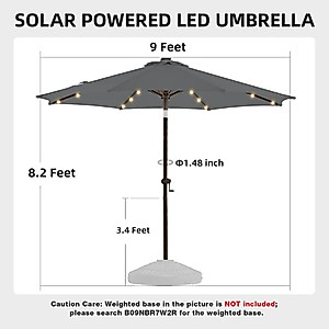 wikiwiki 9ft Outdoor Patio Table Umbrella, Sturdy Solar Led Market Umbrella for Deck, Pool, Garden w/Tilt, Crank, 32 LED Lights - Dark Grey