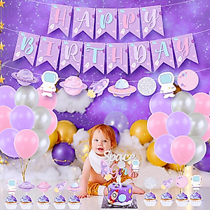 Outer Space Disco Girls Birthday Decorations, Out of This World Space Disco Happy Birthday Party Banner Cake Topper Balloon for Galaxy Astronaut Rocket UFO Planets Space Themed Birthday Baby Shower