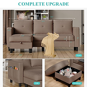 Shintenchi Convertible Sectional Sofa Couch, Modern Linen Fabric L-Shaped, 3-Seat Sofa Sectional with Storage Function Ottoman/Armrest Reversible Chaise for Living Room and Small Space (Brown)