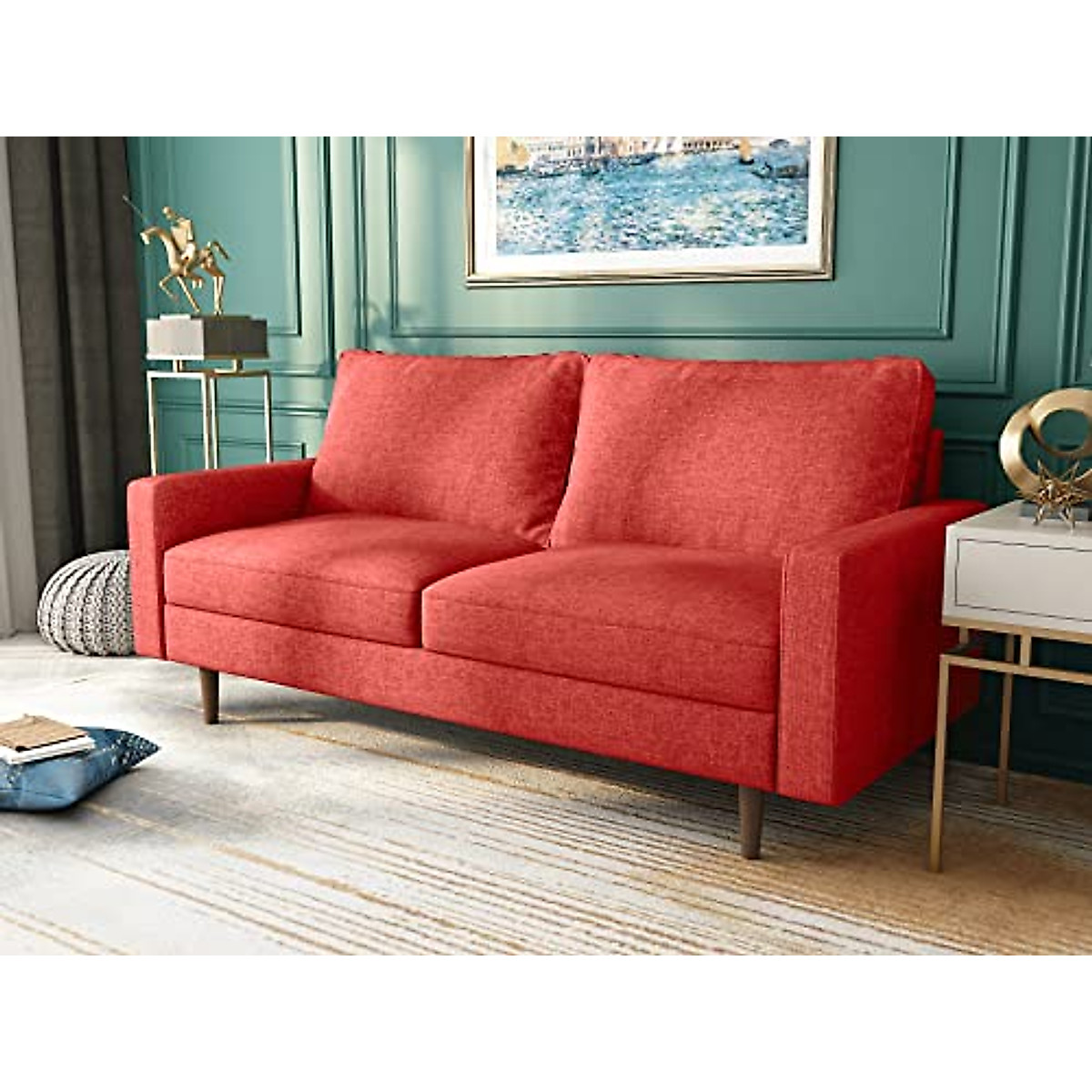 Meeyar Inborn Love Seat Sofa Couch,Sectional 2 Cushion in Small Living Room Office Space,Mid Century Modern Fabric Sofa Couch,Natural Wood Led,Soft Seat Couch,70inch,O Red