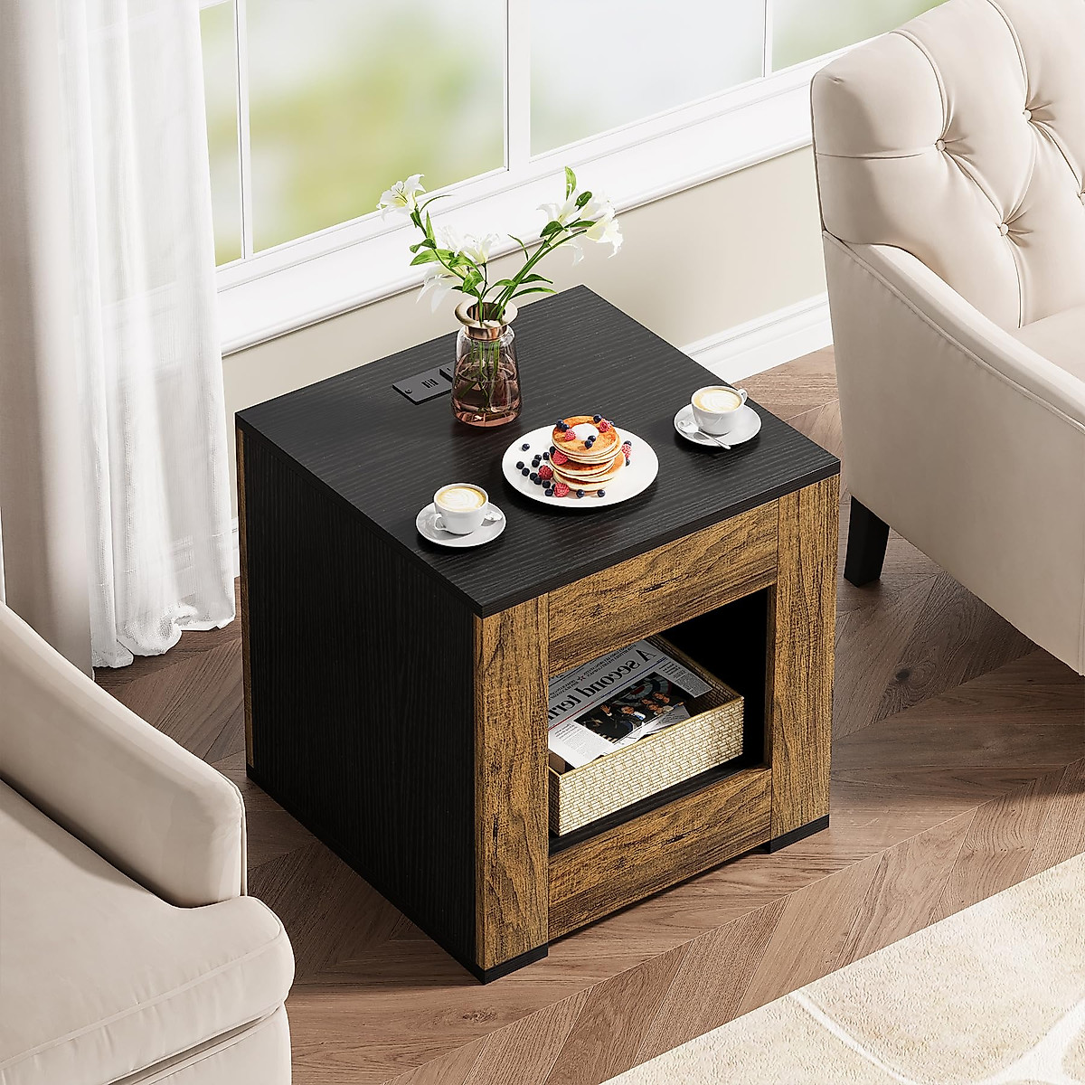 Condemo Farmhouse End Table with Charging Station, Square Nightstand Bedside Table with Drawer and Open Shelf, 2-Tier Sofa Side Table Storage for Living Room, Bedroom, Small Spaces, Brown and Black