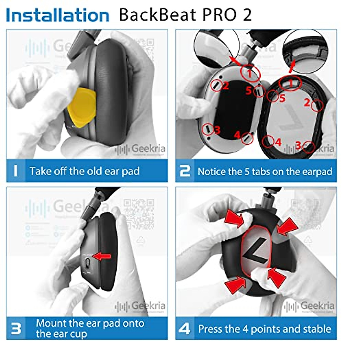 Geekria QuickFit Protein Leather Replacement Ear Pads for Plantronics BackBeat PRO 2, BackBeat PRO 2 Special Edition, Voyager 8200 UC, Headphones Earpads, Ear Cushion Repair Parts (White/Red)