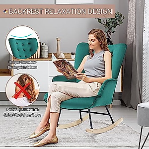 K Knowbody Rocking Chair Nursery, Boho Nursery Glider Rocker Modern Accent Chair for Bedroom, Living Room, Tufted Upholstered Armchair with Linen Fabric, Nursing Chairs for Mom and Baby, Green