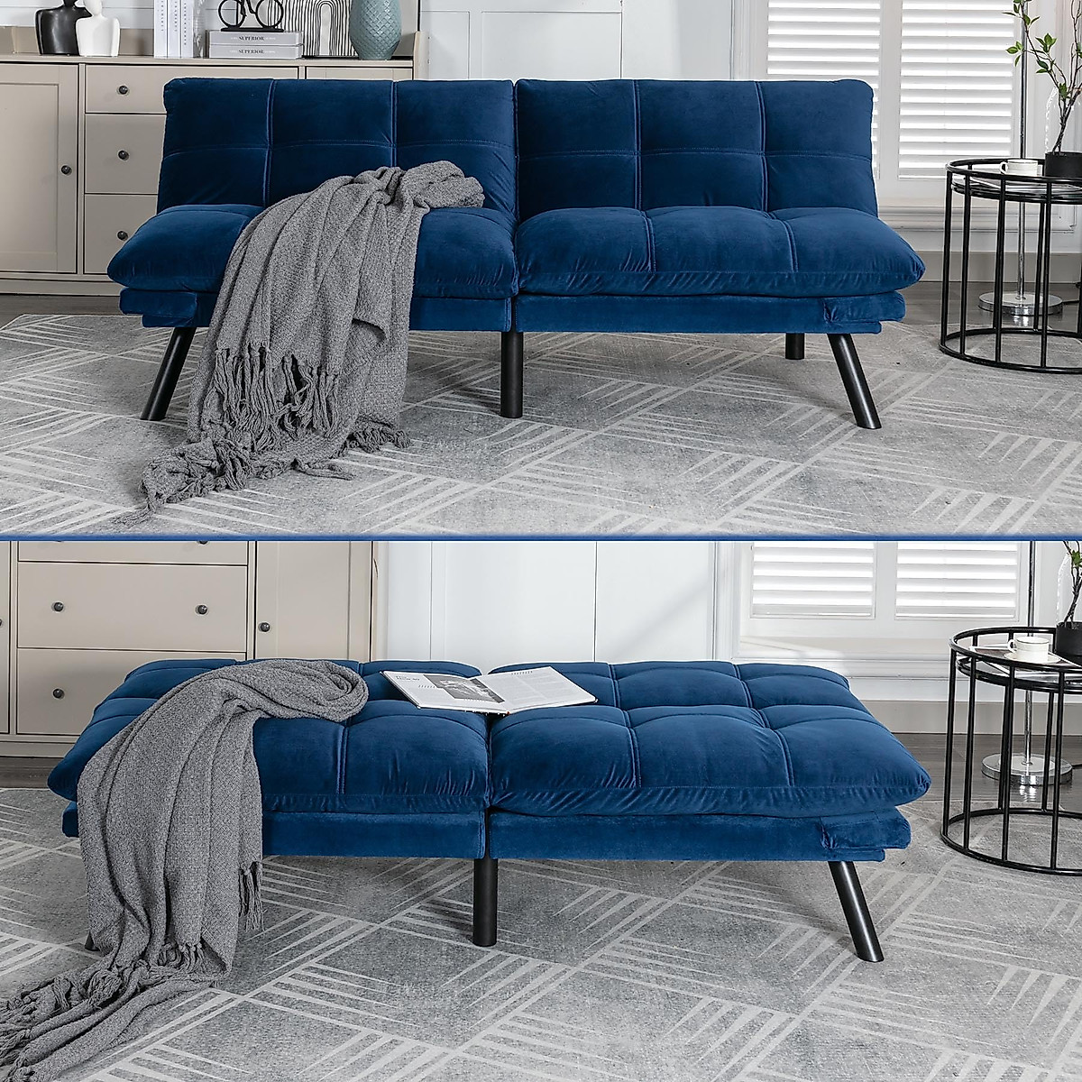 70" Futon Sofa Bed Couch,Convertible Modern Sleeper Sofa Couch with Metal Legs,Folding Loveseat Sofa with Adjustable Backrest for Living Room,Bedroom,Office,Small Space (Blue)