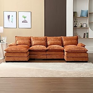 Eafurn Free Combination U Shaped Sectional Chaise Lounge,Velvet Upholstery Symmetrical Modular Solid Wood Legs,Convertible Sleeper Sofa & Couch Living Room Furniture Sets, Orange 110.63"