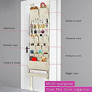 Over The Door Hanging Organizer Storage Wall Mount Premium Durable with 7 Unique Large Pockets Customizable Metal Door Hooks 17” Wide * 73” Long Closet Organizer Office Home Easy to Setup Ivory