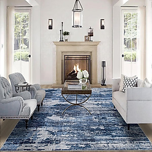 Area Rugs 9x12 Living Room: Large Machine Washable Area Rug with Non Slip Backing Non Shedding Abstract Stain Resistant Carpet for Bedroom Dining Room Nursery Home Office - Beige/Blue