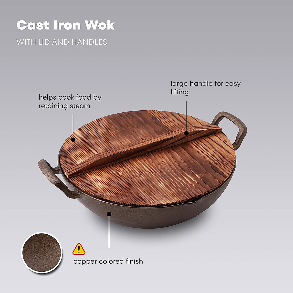 Klee Pre-Seasoned Cast Iron Wok Pan with Wood Wok Lid and Handles - 14" Large Wok Pan with Flat Base and Non-Stick Surface for Deep Frying, Stir-Frying, Grilling, Steaming - Stovetop and Oven Safe