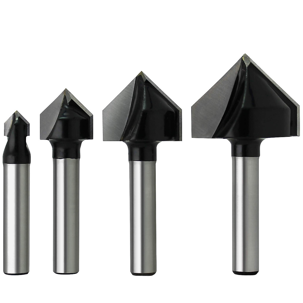 Align Carbide, 4-Piece 90 Degree V Groove Router Bits, 1/4 Inch Shank, Carbide Tipped, CNC Engraving Bit, Woodworking Chamfer Bevel Cutter, CNC Router Pro-Series.