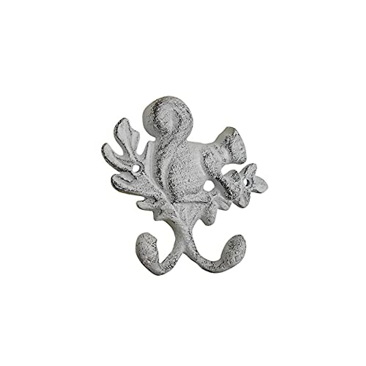 HANDCRAFTED NAUTICAL DÉCOR Whitewashed Cast Iron Squirrel with Acorn Decorative Double Metal Wall Hooks 8"