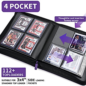 ZLCA Toploader Card Binder, 4-Pocket Trading Card Album Holder fits for 3 x 4'' Top Loader, Ringless Double-Sided Card Display Storage Carrying Case Compatible with PTCG MTG Sports Cards (Purple)