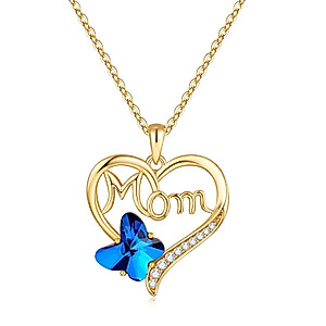 Iefil Birthstone Necklaces for Mom - 30 40 50 60 Th Year Old Birthday Gifts for Mom, Mothers Day Gift Ideas, Gold 925 Sterling Silver Heart Butterfly Birthstone Necklace, Jewelry Gifts for Mom