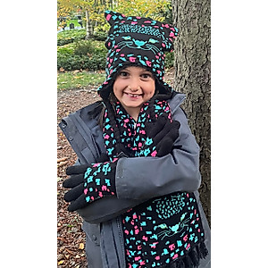 N'Ice Caps Kids Hat Glove Scarf Girls Winter Knit Accessory Set Warm Sherpa Lined 3 Piece (Black Kitten, 4-7 Years)