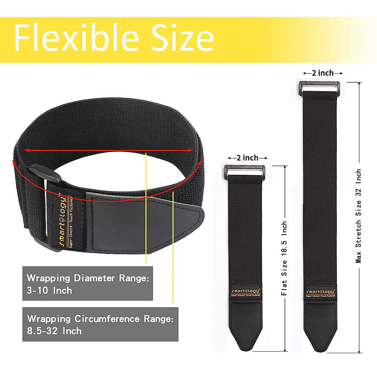 Smartology Cinch Straps 2" x 18" (12 Pack) Hook and Loop Elastic Straps for Bicycle, Truck, Boat and More, Extension Cords, Ropes, Hoses Organizer, Garage and RV Storage