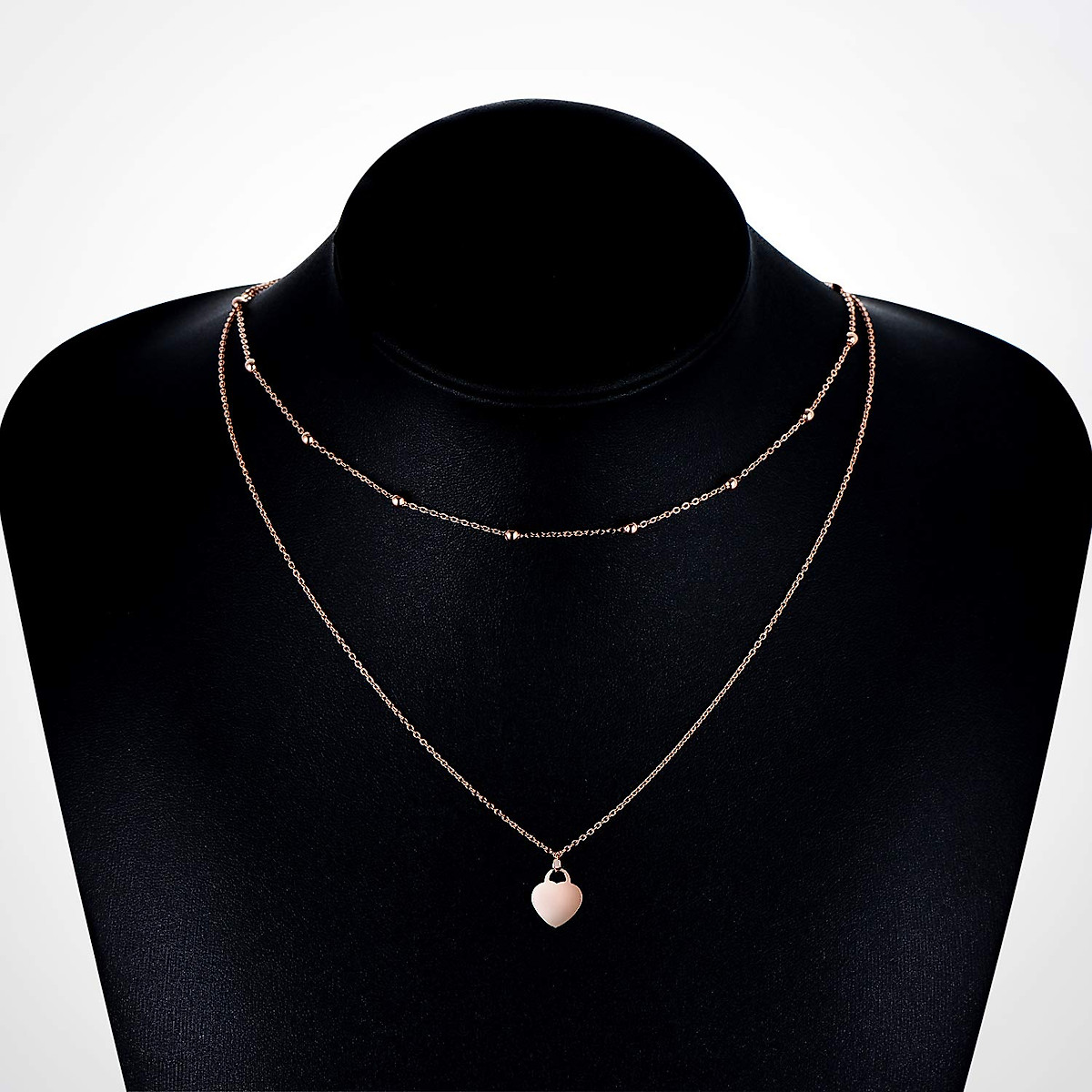 PEIMKO Sterling Silver Double Layered Choker Necklace for Women, Rose Gold Plated Silver Rosary Layered Necklaces Gift for Women