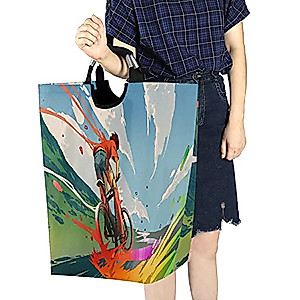 xigua Young Man Riding Bicycle With Colorful Energy Large Laundry Basket, Collapsible Clothes Hamper with Handles Tall Foldable Clothes Bag for Family Bedroom Bathroom Student Dormitory, 12.6 x 11 x 2