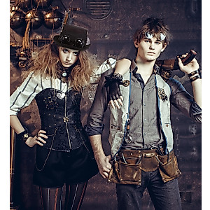 Attitude Studio Fedora Steampunk Hat with Goggles, Feathers, and Gears - Black