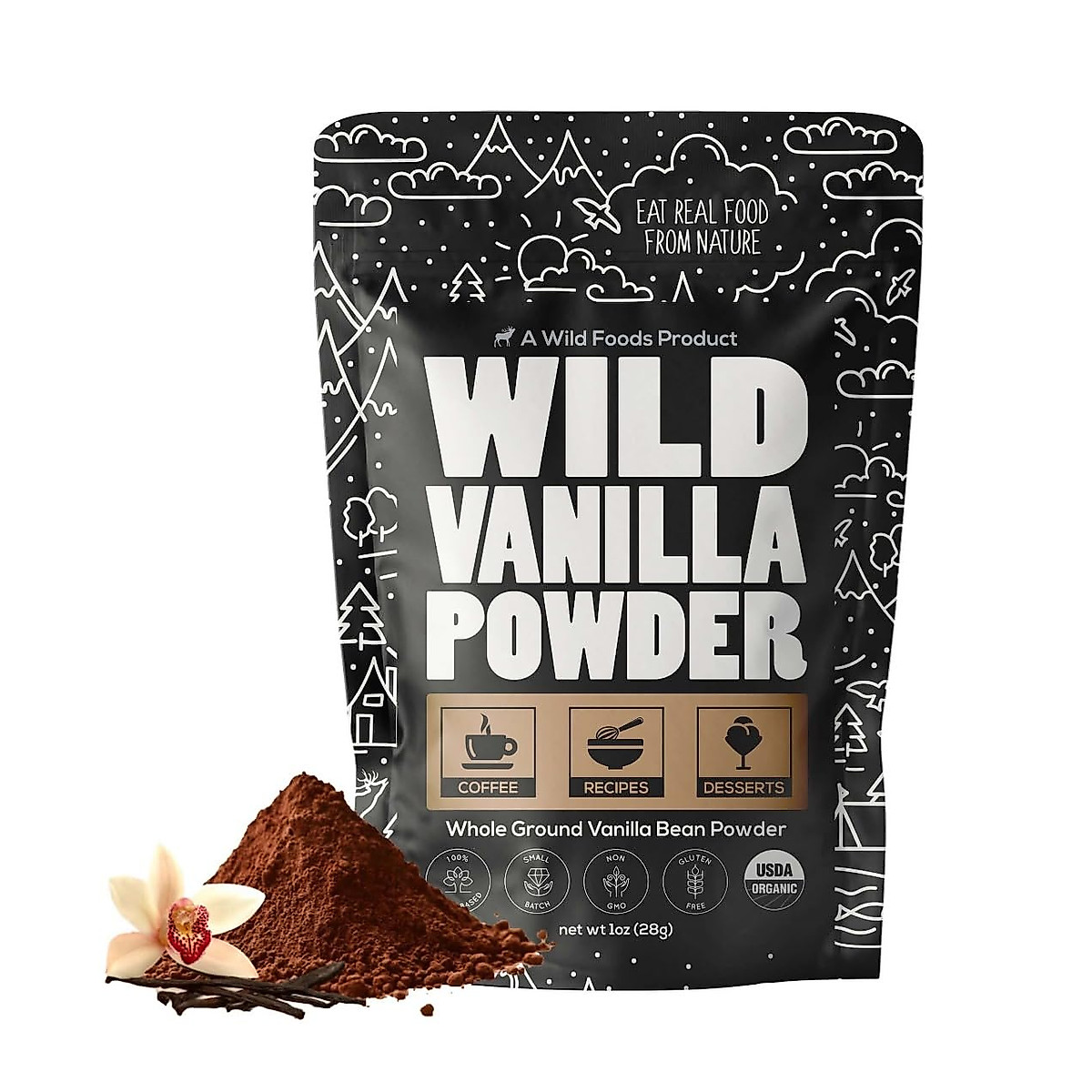 Wild Foods Organic Vanilla Bean Powder - All Natural Pure Vanilla from Madagascar - For Baking Cooking Coffee Flavoring & Smoothies - Unsweetened Gluten Free Non GMO Superfood (1 ounce)