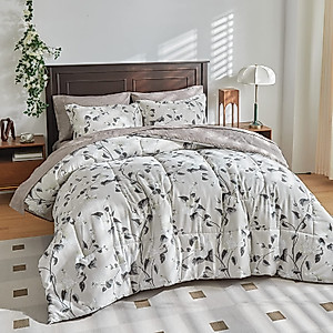 Botanical Comforter Sheet Set White Flower Bed in a Bag 7 Pieces Queen Size Bedding Set (1 Comforter 2 Pillow Shams 1 Flat Sheet 1 Fitted Sheet 2 Pillowcases)