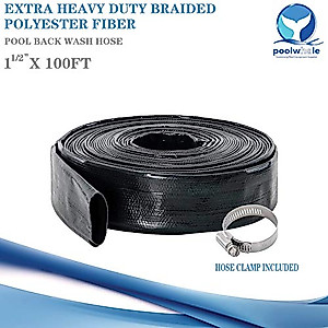 POOLWHALE Heavy Duty 1-1/2" x 100' Thick 1.2mm Black Backwash Pool Hose with Clamp - Flat Water Discharge Hose - Chemical and Weather Resistant - Drain Clean Swimming Pools & Filters