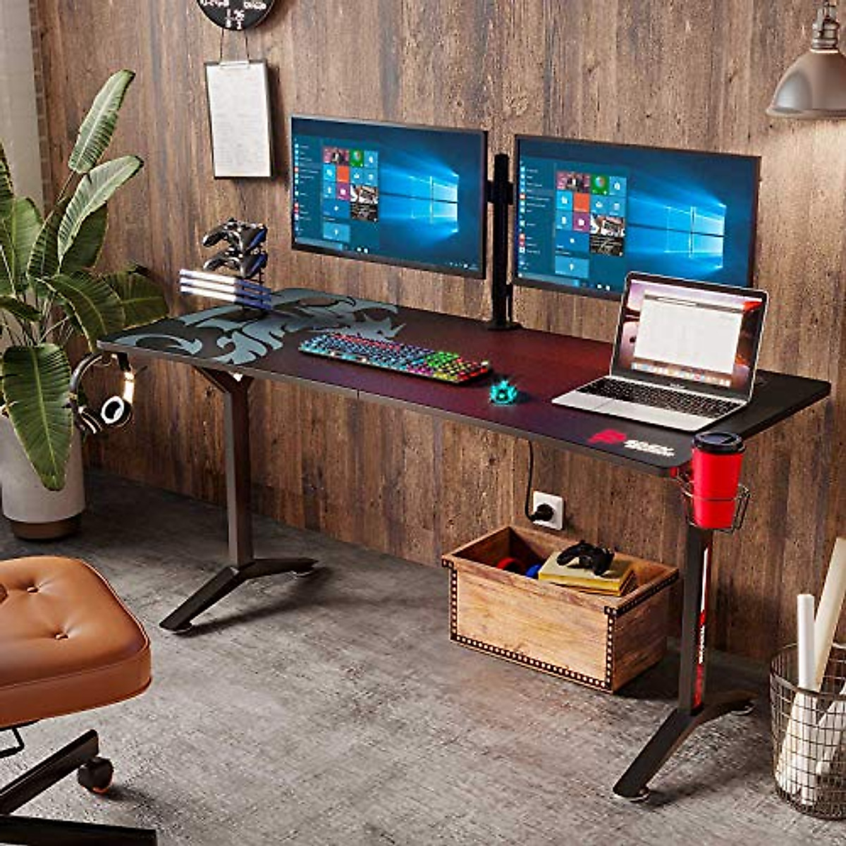 SEVEN WARRIOR Gaming Desk 60INCH with Dual Monitor Mount, Carbon Fiber Surface Gamer Desk with Full Desk Mouse Pad, Ergonomic Y Shaped Gamer Table with Outlet Organizer, Gaming Rack