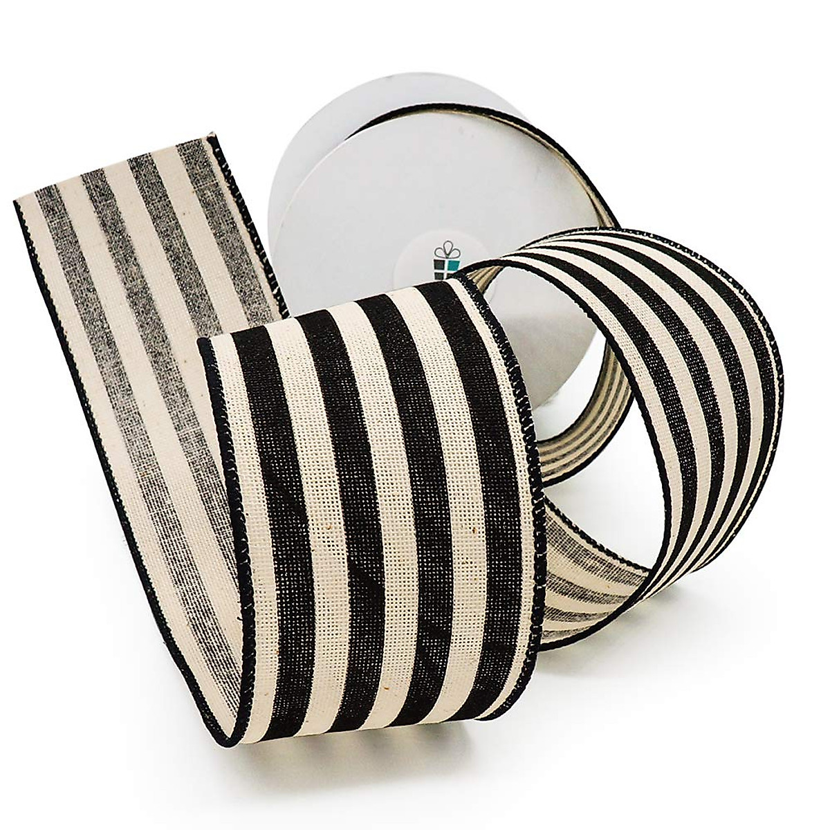 CT CRAFT LLC Striped Canvas Cotton Ribbon 2.5" x 10 Yards Ivory/Black Stripes for Thanksgiving Christmas Home Décor Gift Wrapping Outdoor Tree Topper Bow Wreath